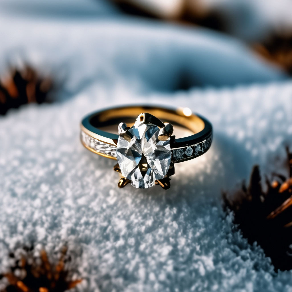 "A diamond ring lies in the snow" — image created in Shedevrum