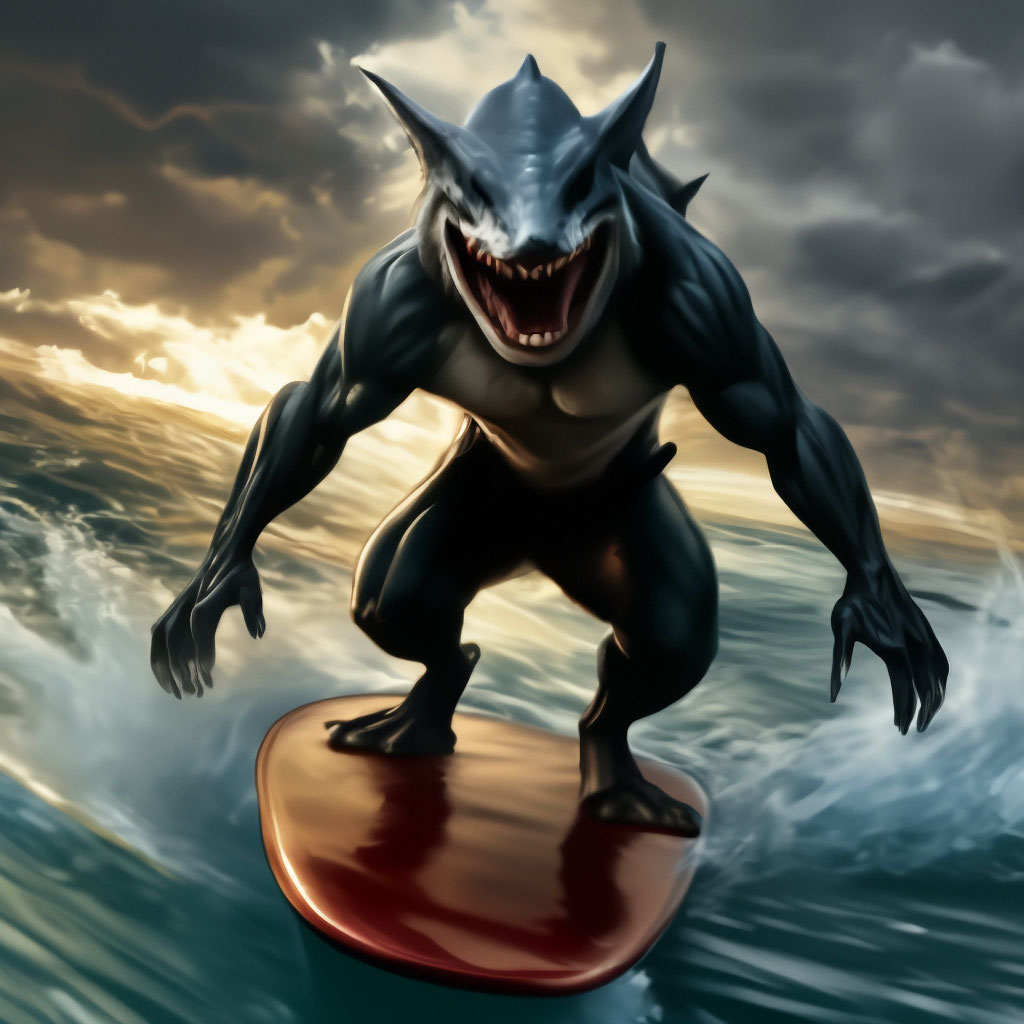 "Shark man surfs on a board" — image created in Shedevrum