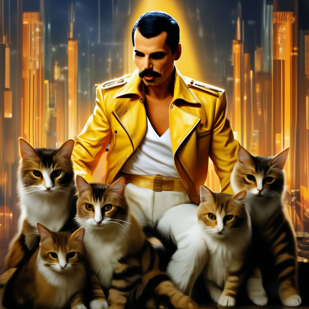 "Freddie mercury and 5 cats" — image created in Shedevrum