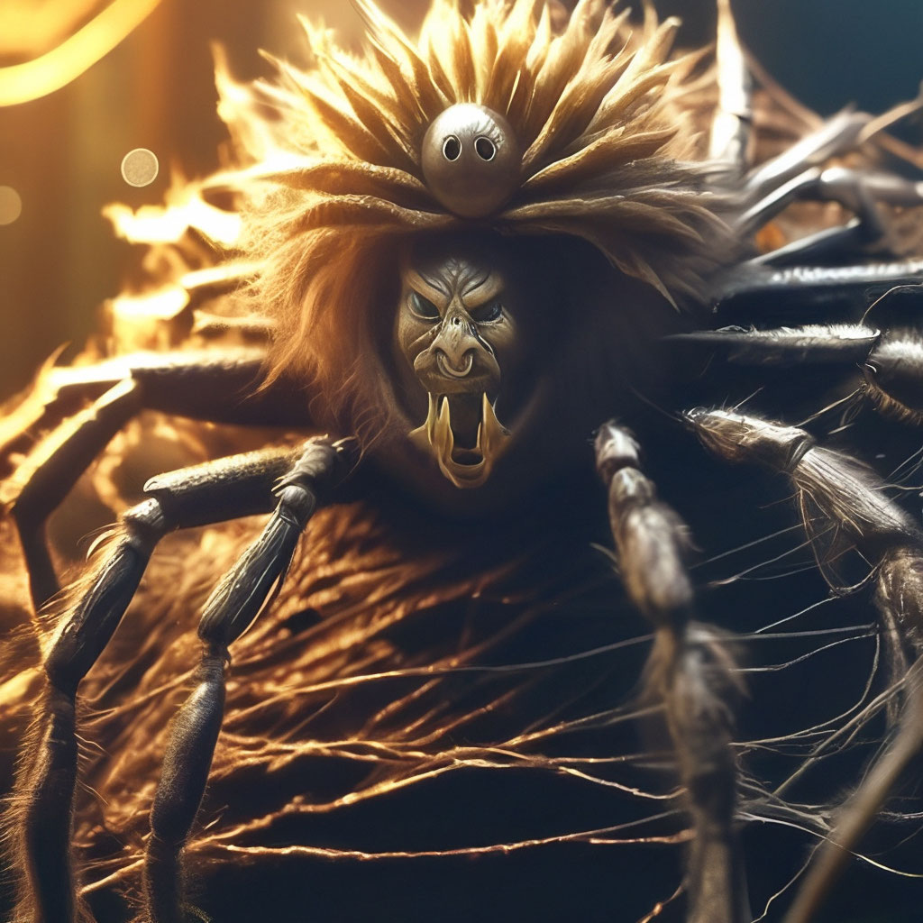 "Creepy Lion clown holds a spider against the background of cocoons and ...