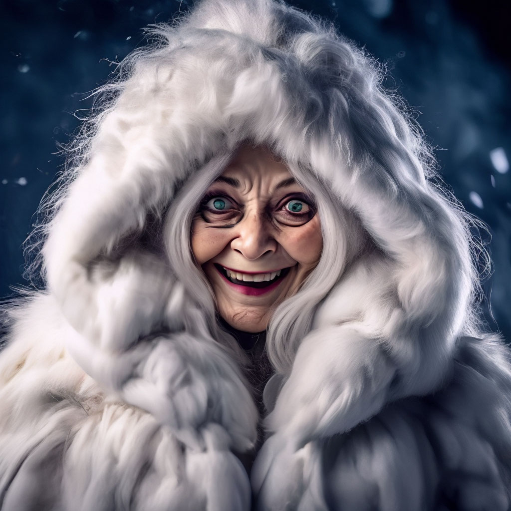 "Creep funny fluffy bug-eyed disheveled baba Yaga in a white fluffy fur ...
