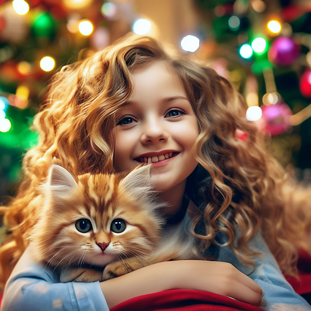 "New Year's mood 🌲 🌲 🌲 fluffy kitten sitting on top of the head, curly ...