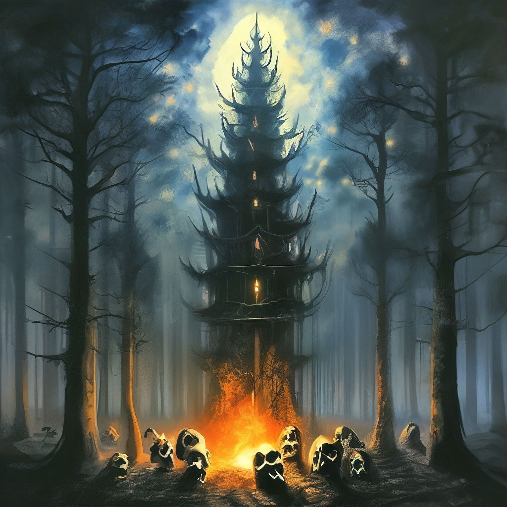 "Very dark forest, night, no stars, no moon, a small fire surrounded by ...