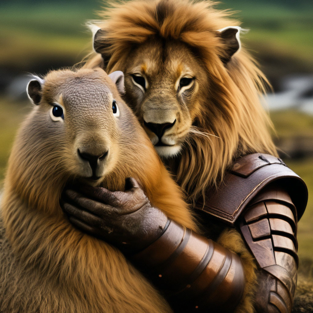 "A lion (man) embraces a capybara" — image created in Shedevrum