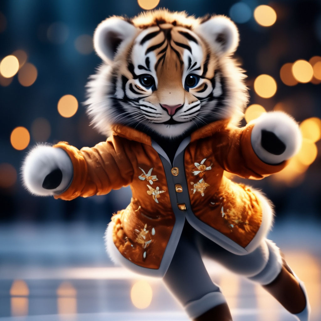"A fluffy tiger cub on skates in a bright, beautiful figure skater ...