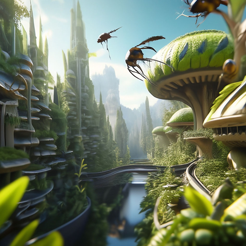 "Plant fantasy city inhabited by humanoid insects, hyperrealism ...