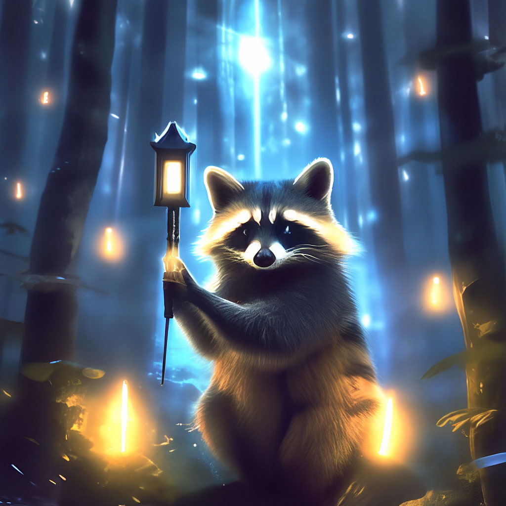 "There is a raccoon with a flashlight in the night magic forest with ...