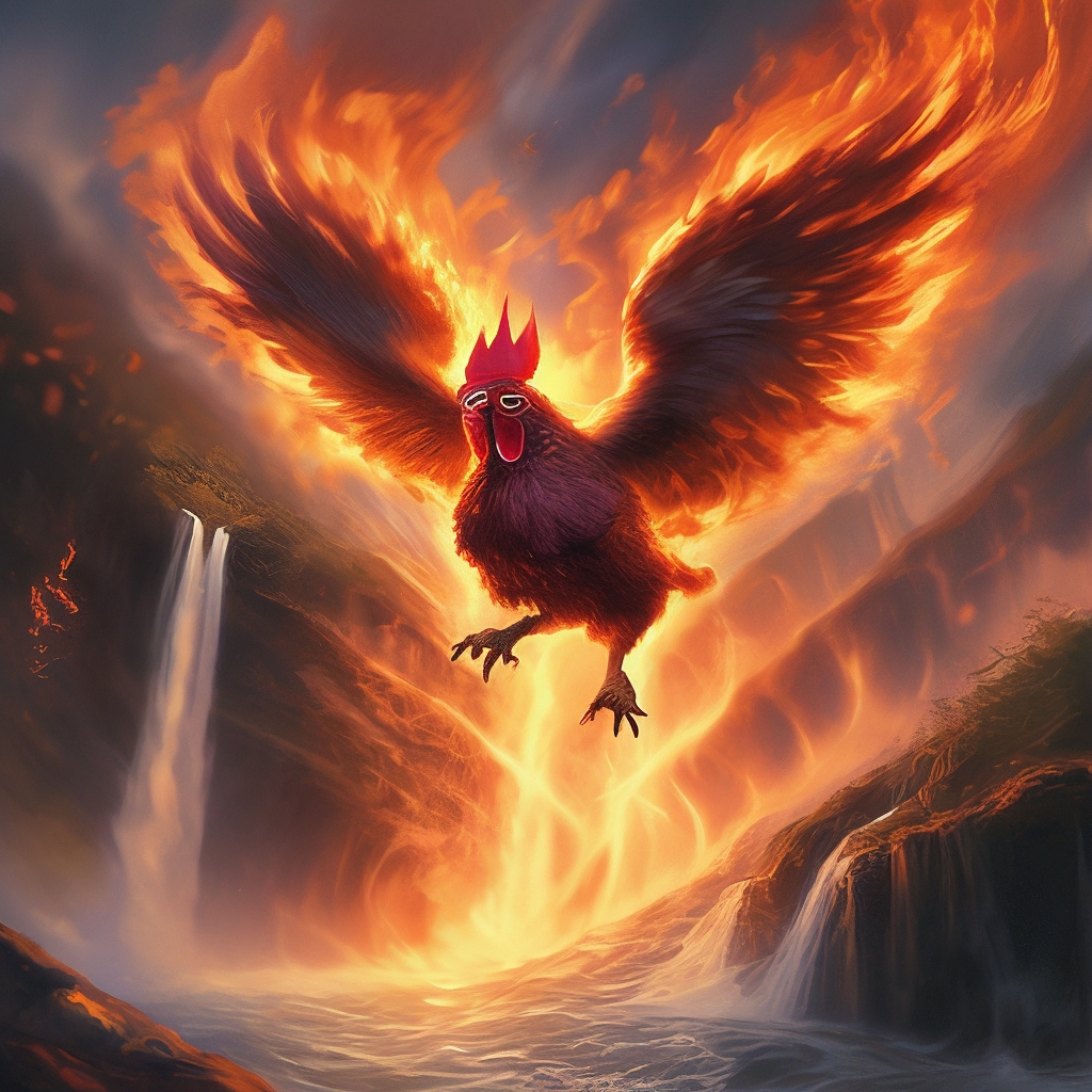 "Inferno chicken flies over the infernal fiery waterfall" — image ...
