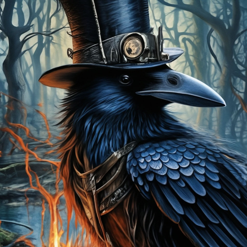"Drawing with colored pencils, dark forces,evil spirits,raven steampunk ...