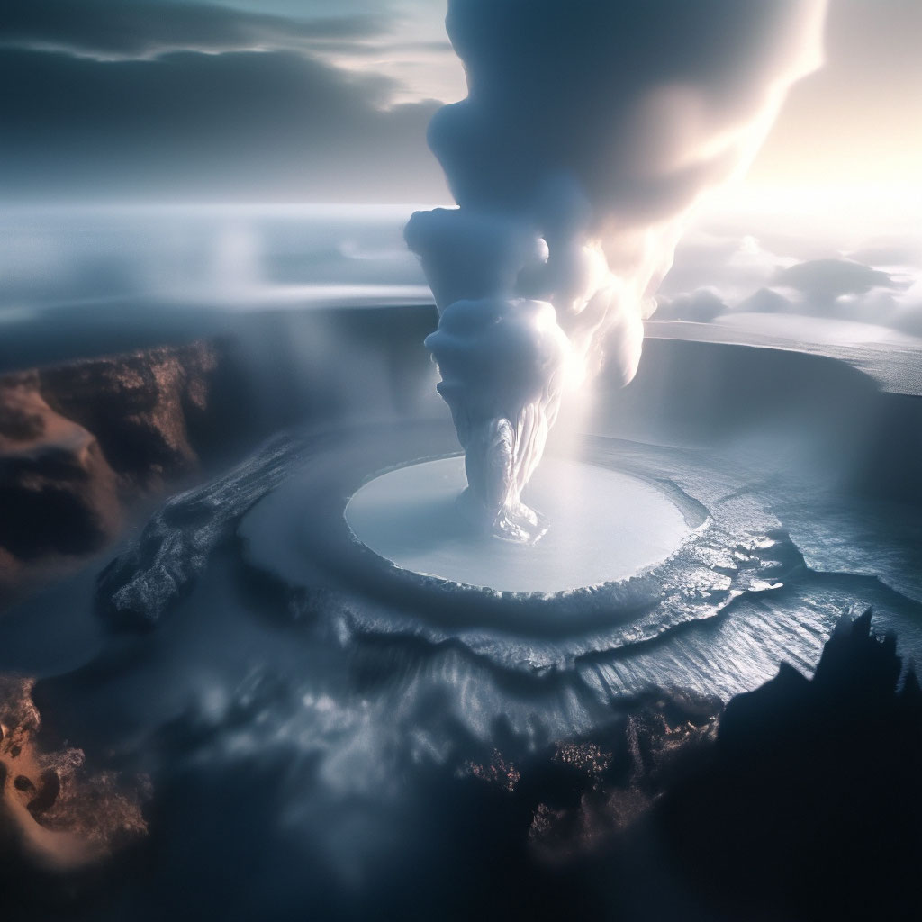 "Huge geyser at the bottom, fog, noir, high resolution ...