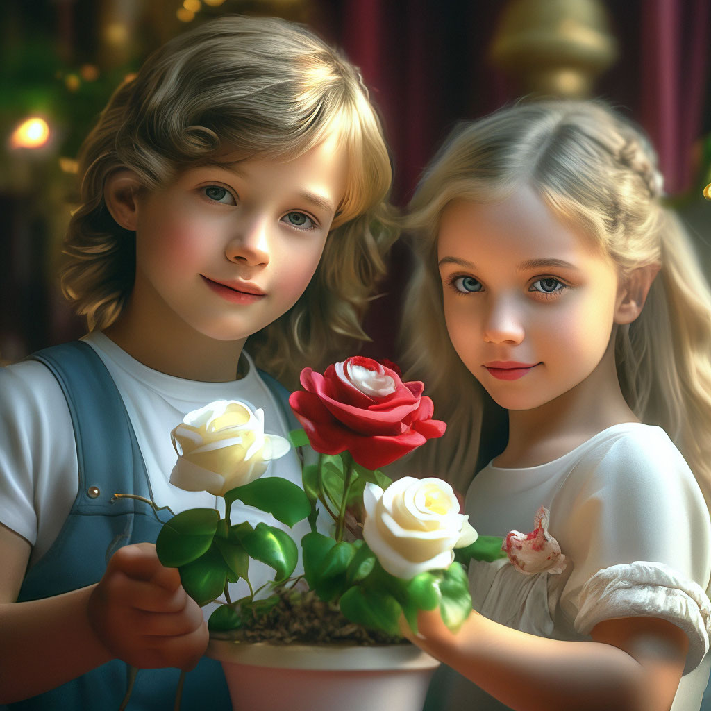 "Photorealism, the boy Kai and the girl Gerda plant a white and red ...