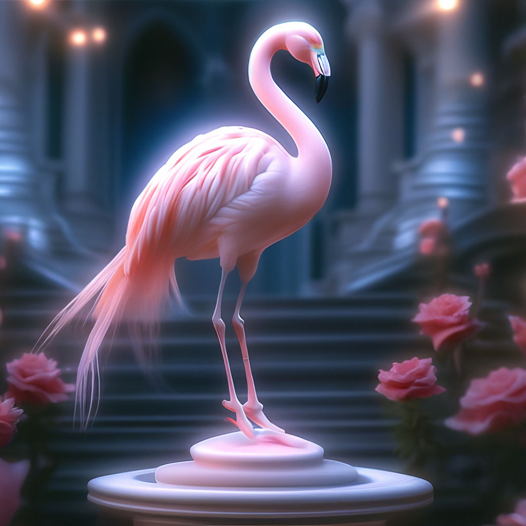 "Mythical,unreal, creature, graceful, flamingo, standing on a pedestal ...
