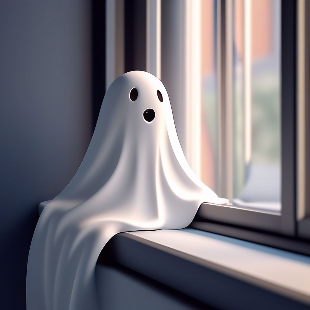"Cute ghost peeping through the window, expressive,precision lines ...