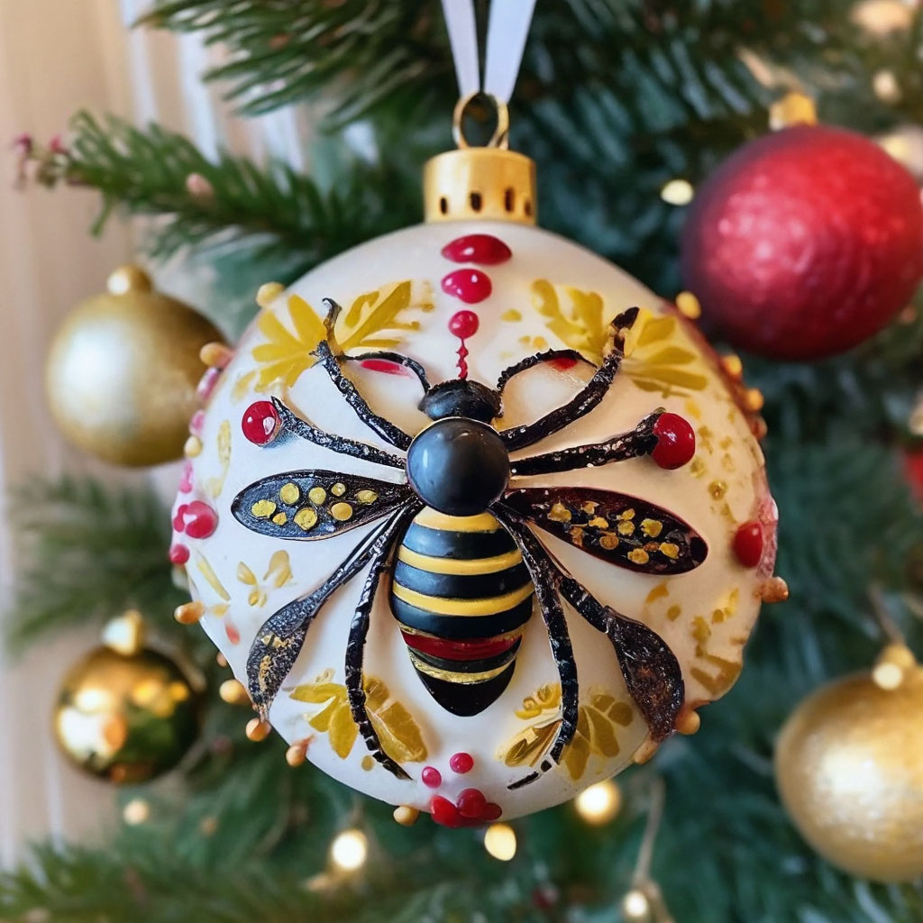"The Christmas tree is decorated with wasps instead of balls, there is ...