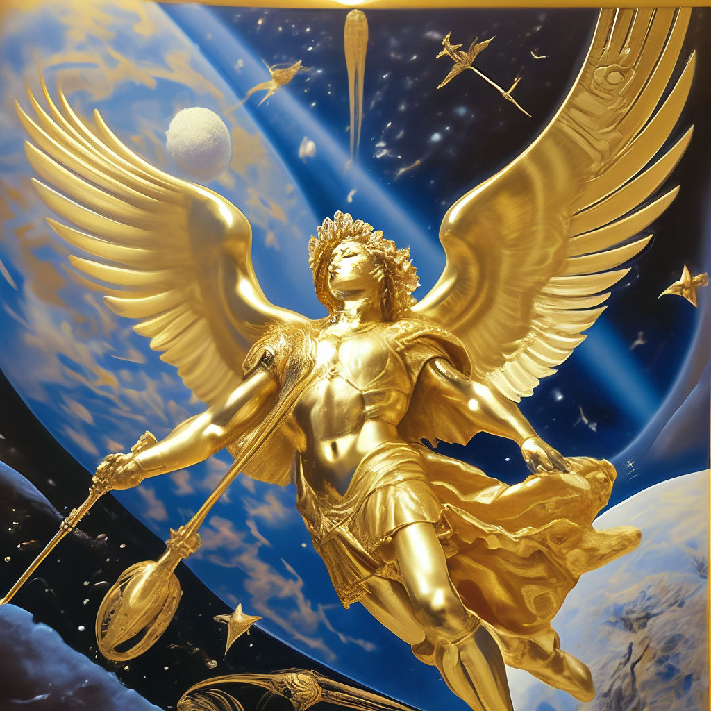 "Apollo in space flies on golden wings" — image created in Shedevrum