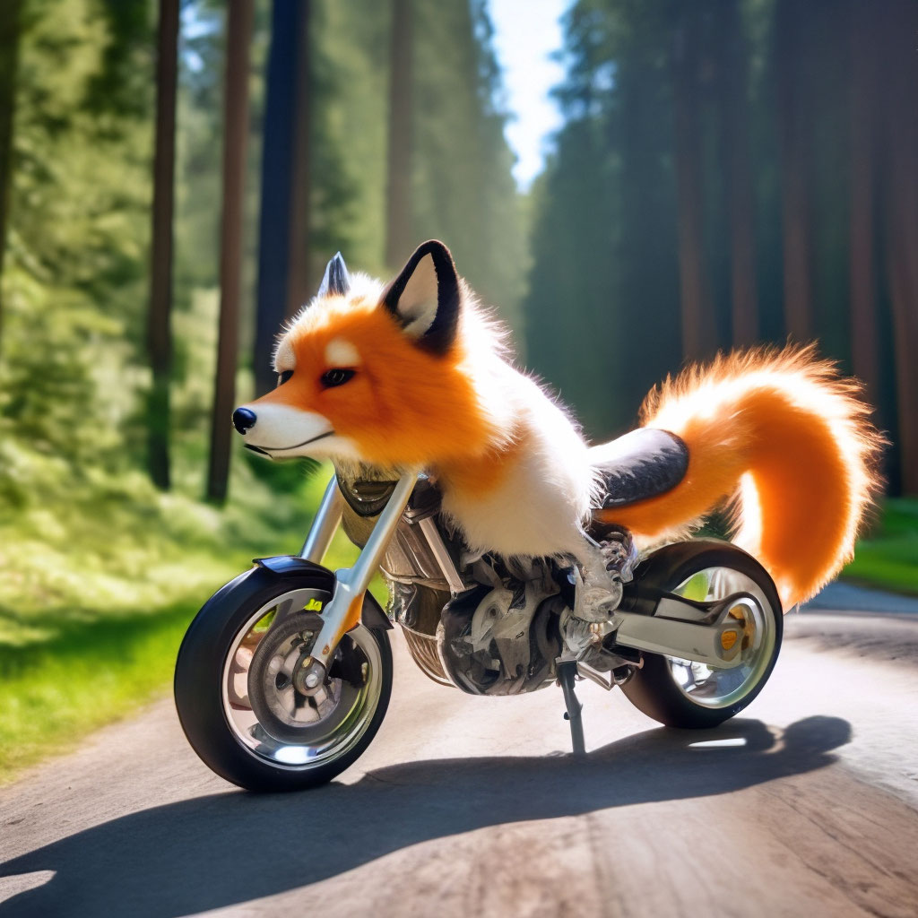 "Sports racing motorcycle in the form of a fluffy live fox, with a ...
