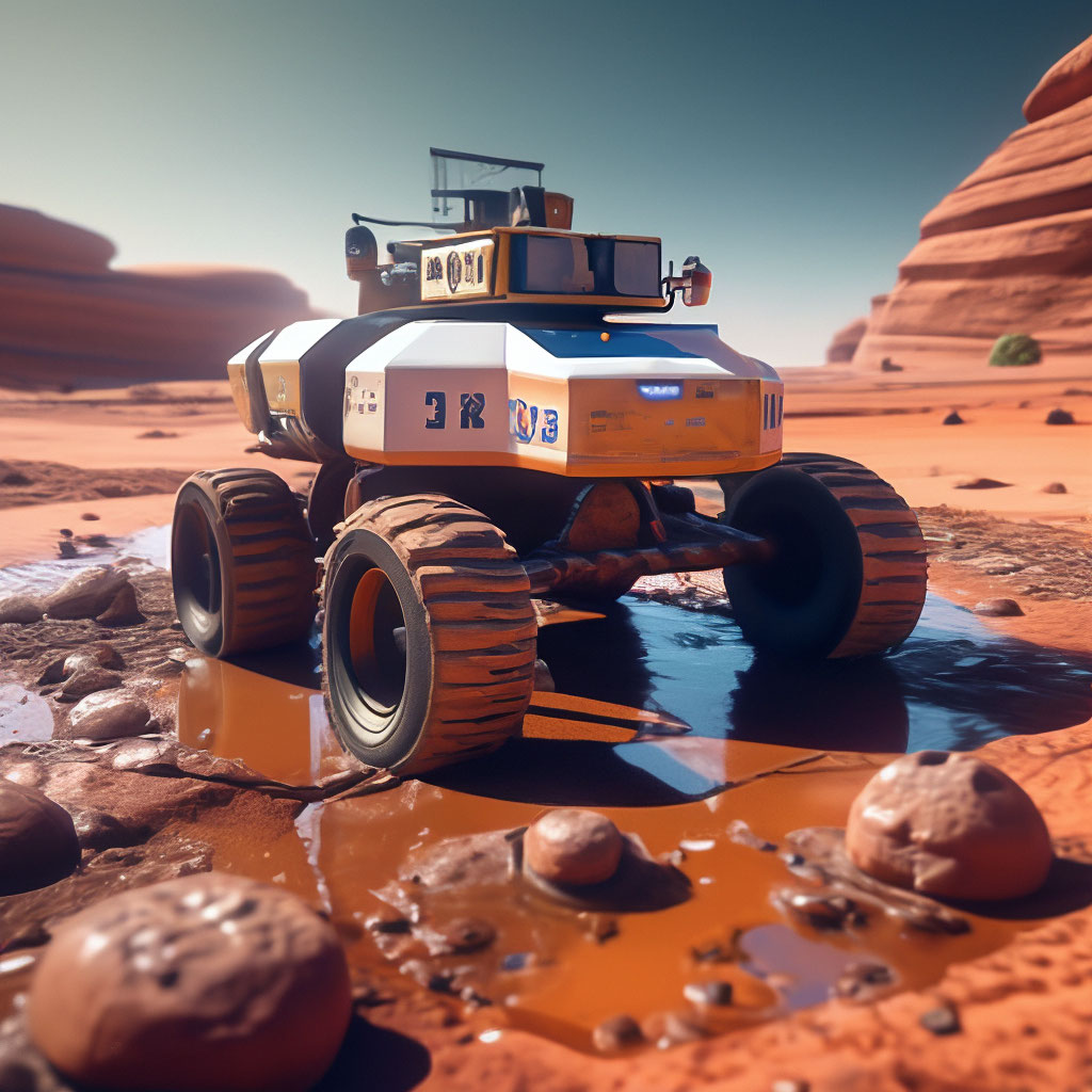 "Rover stuck in a puddle on mars realism 4k quality" — image created in ...