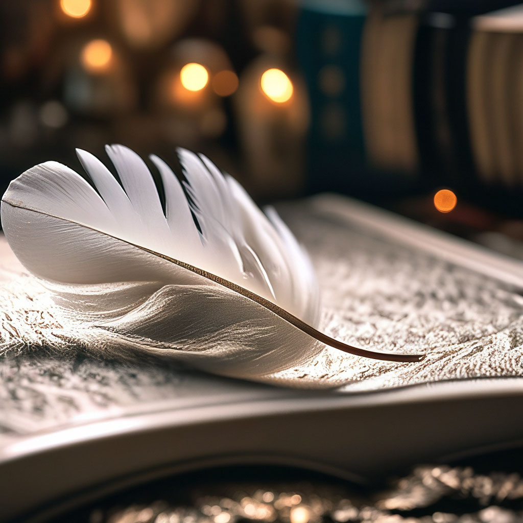"A macro shot, a white feather lying on an old highly detailed book ...