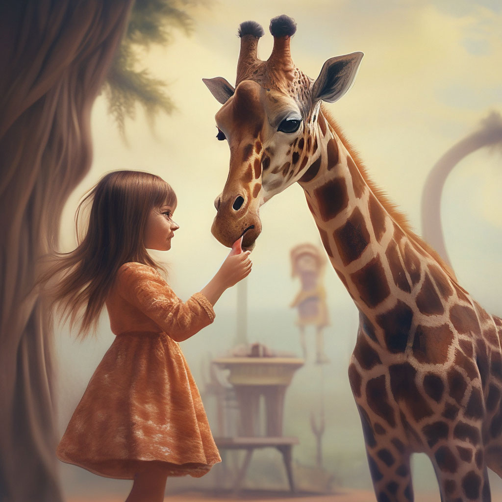 "Giraffe playing with a girl" — image created in Shedevrum