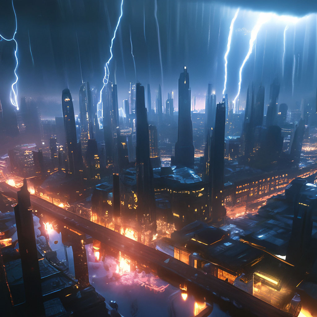 "Dystopian city of the future, rainy and wet, gloomy, thunderbolts, a ...