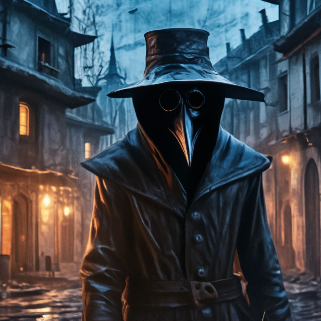 "Medieval plague, plague doctor, sick people, city, houses, textures ...