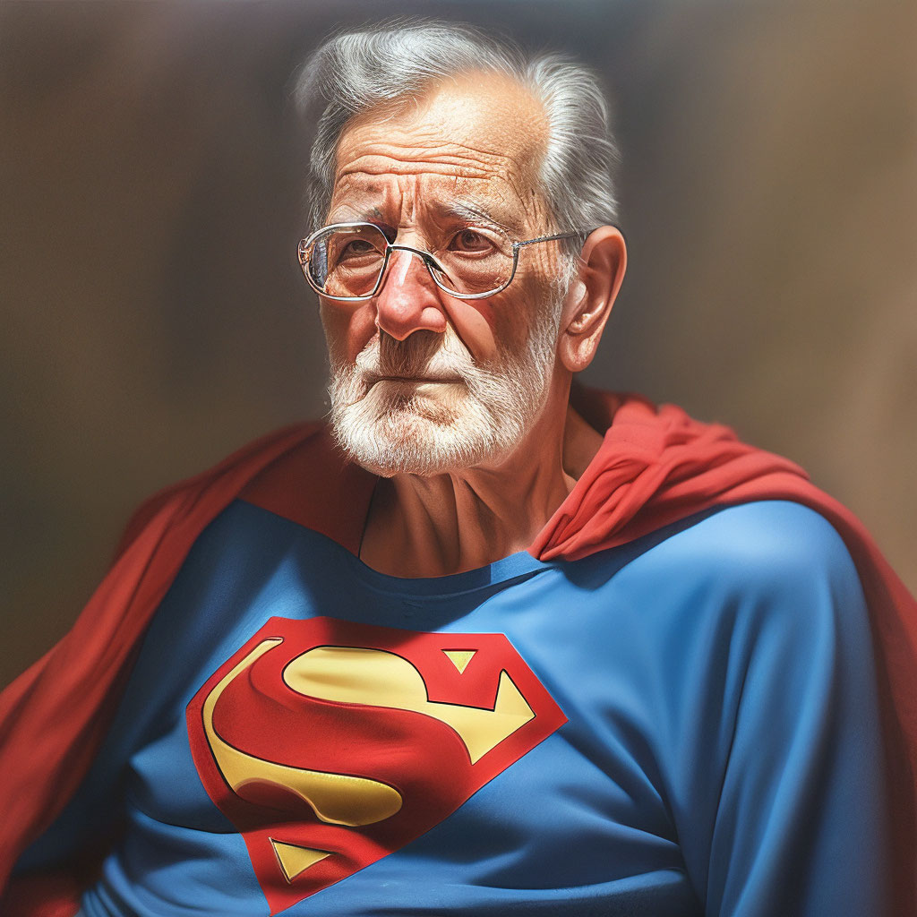 "Elderly superman, portrait" — image created in Shedevrum