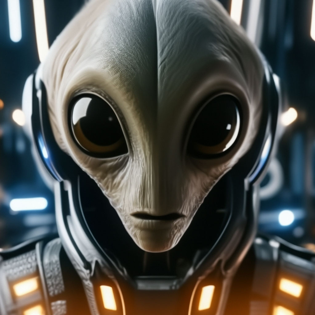 "Zoom out of a wise fuzzy alien wearing Star Federation General unirorm ...