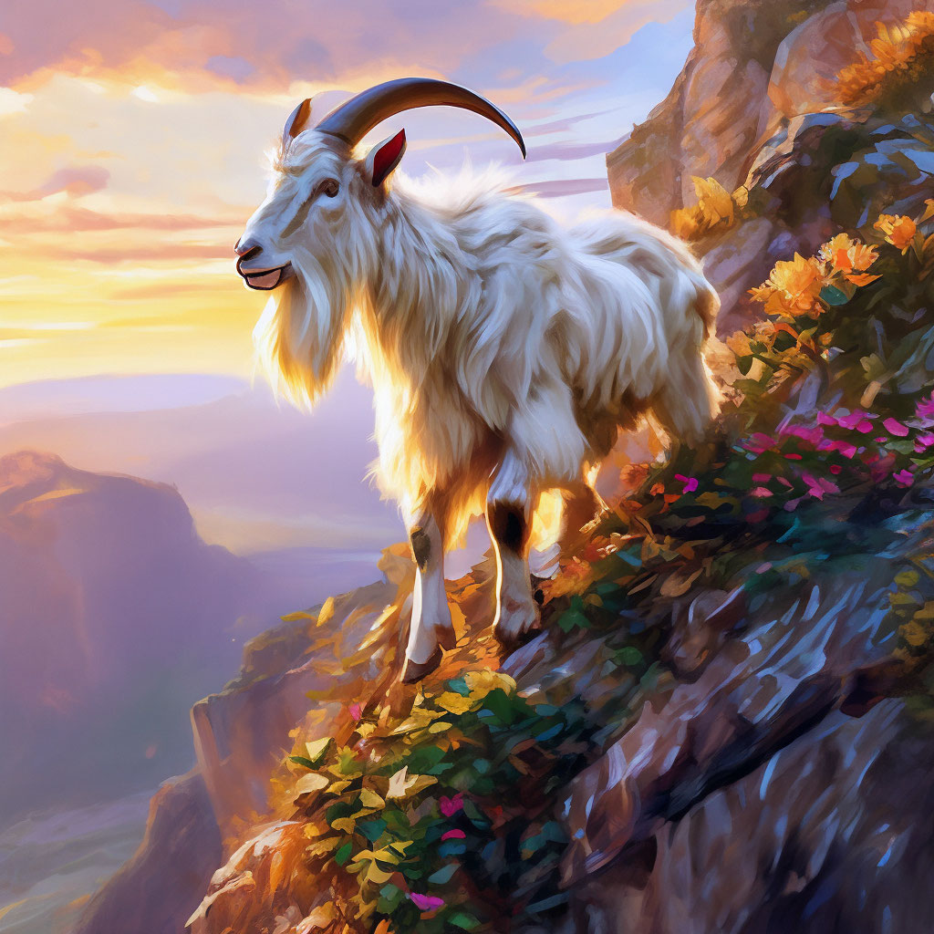 "An animal goat of white color climber climbs a steep cliff overgrown ...