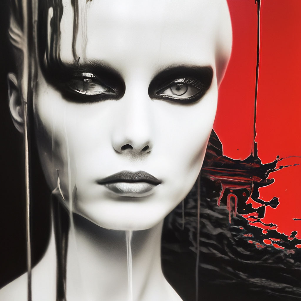 "VANGUARD ! hyperrealistic face, amorphous face. Black mascara flows ...