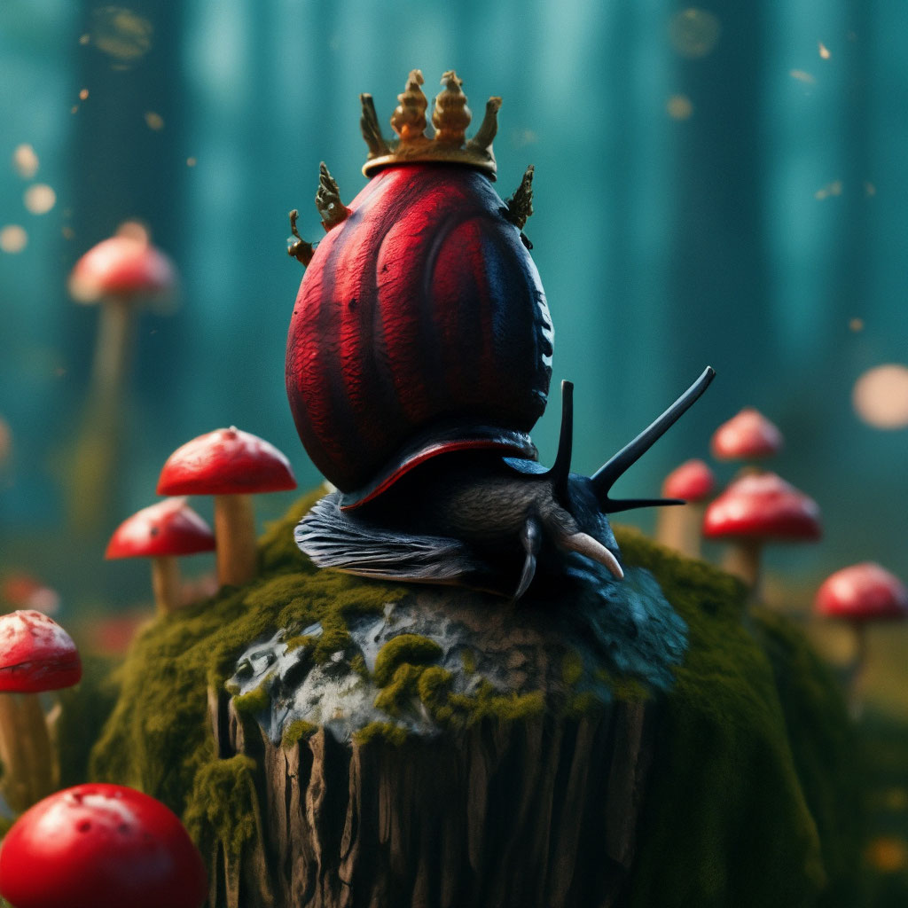 "The queen of snails is a huge black snail in a crown sitting on a ...
