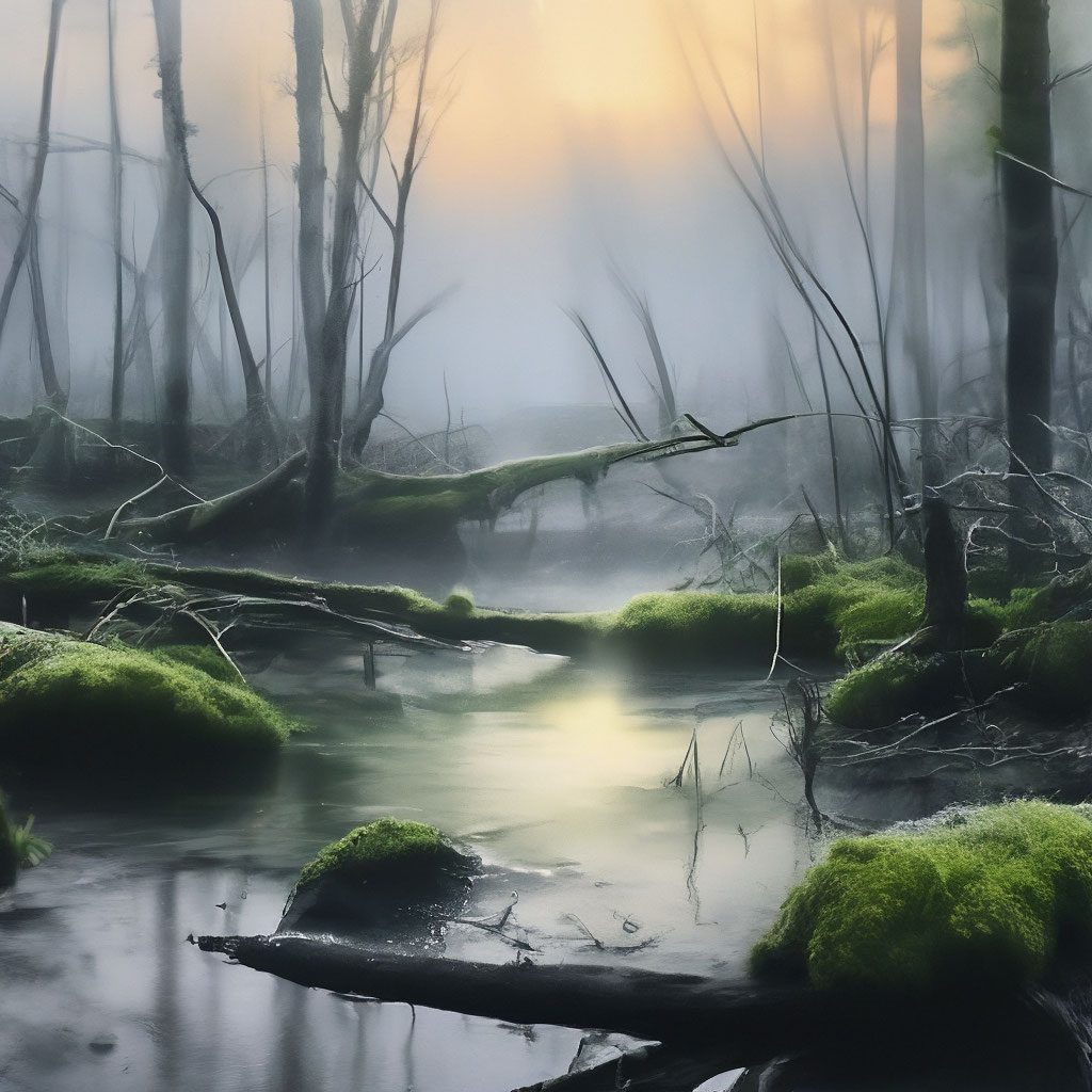 "Twilight, dry forest, swamp, windfall,thickets, driftwood covered with ...