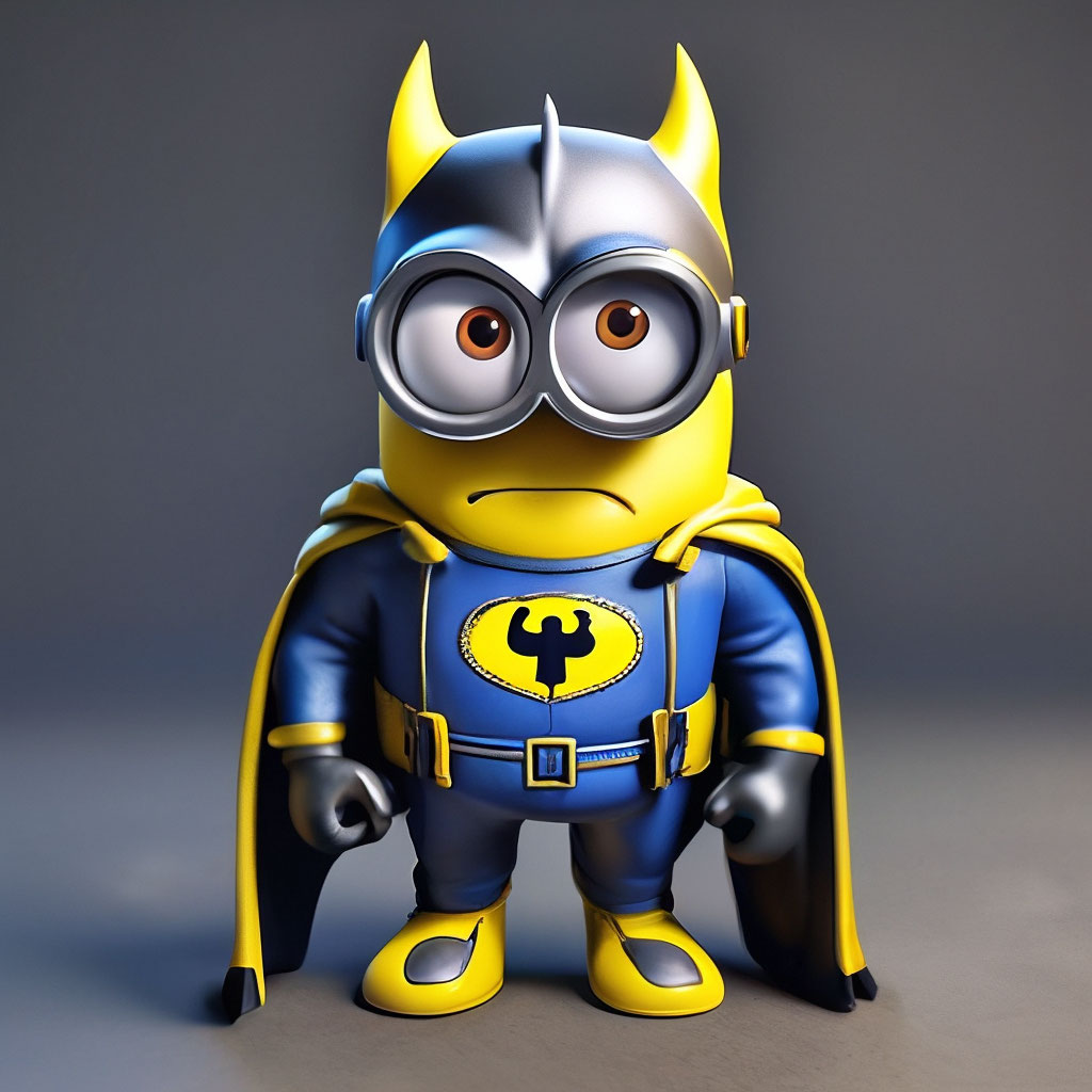 "Minion in batman costume, realistic, hyperrealism, hyperdetalization ...