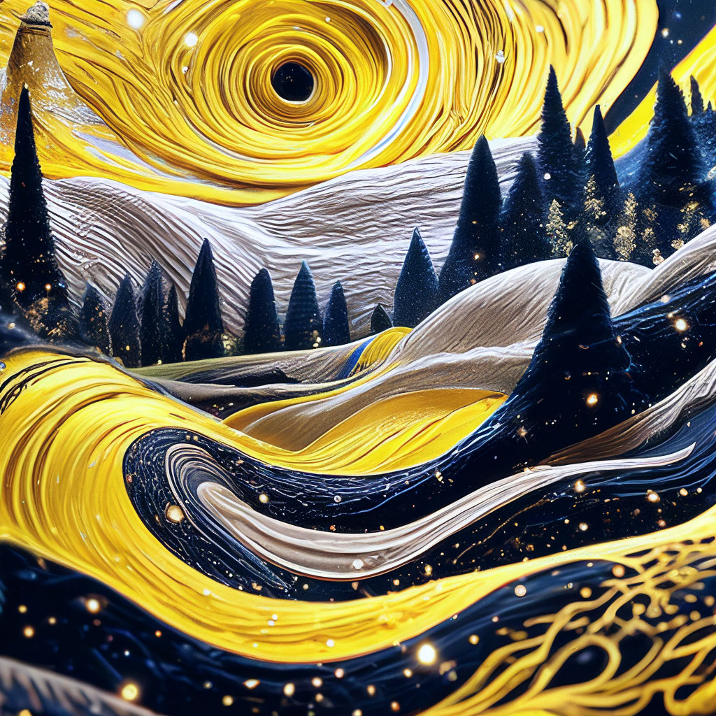"Close-up, black, yellow, swirls, surreal landscape in the style of ...