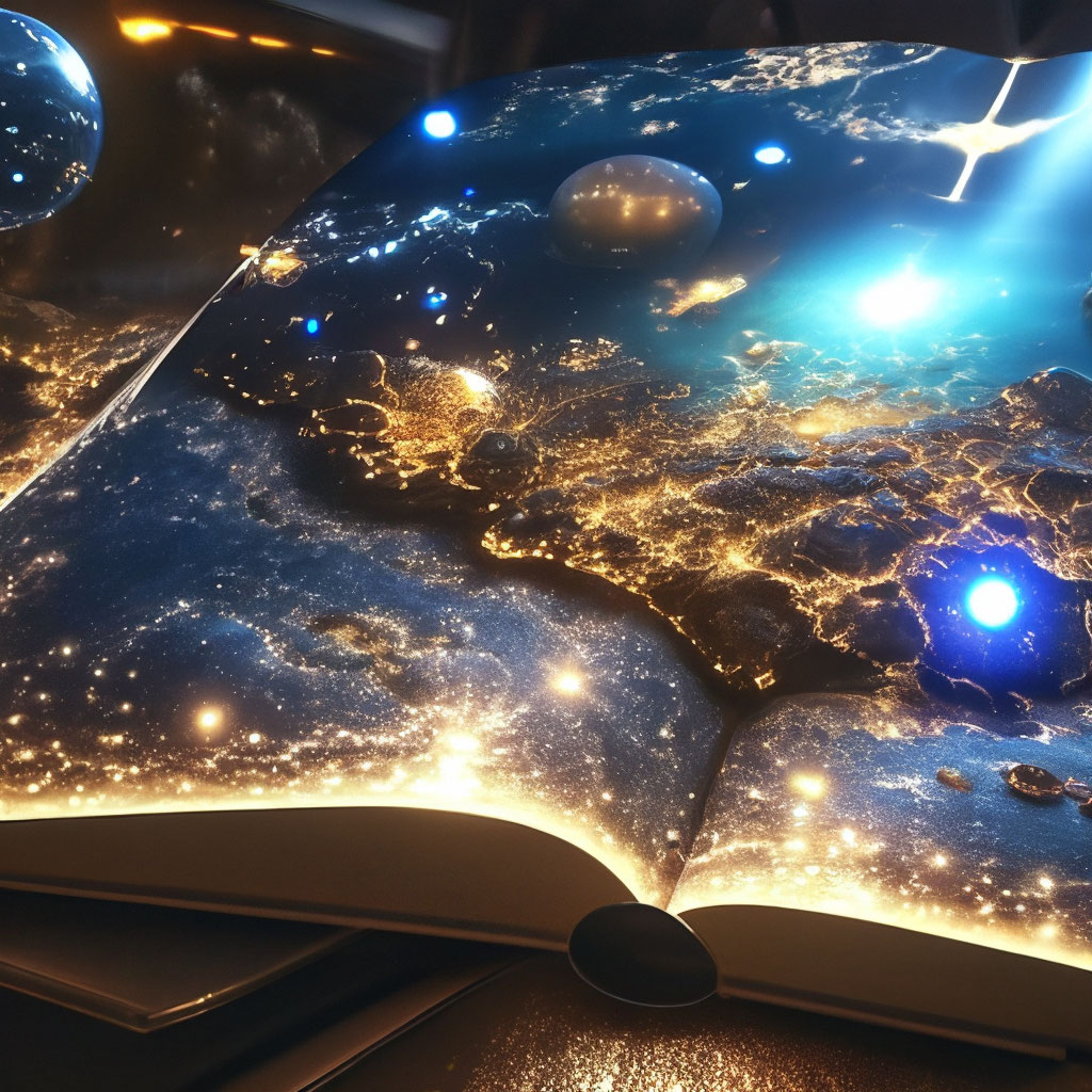 "An epic book with space, stars, galaxies, clouds, planets, sea glowing ...