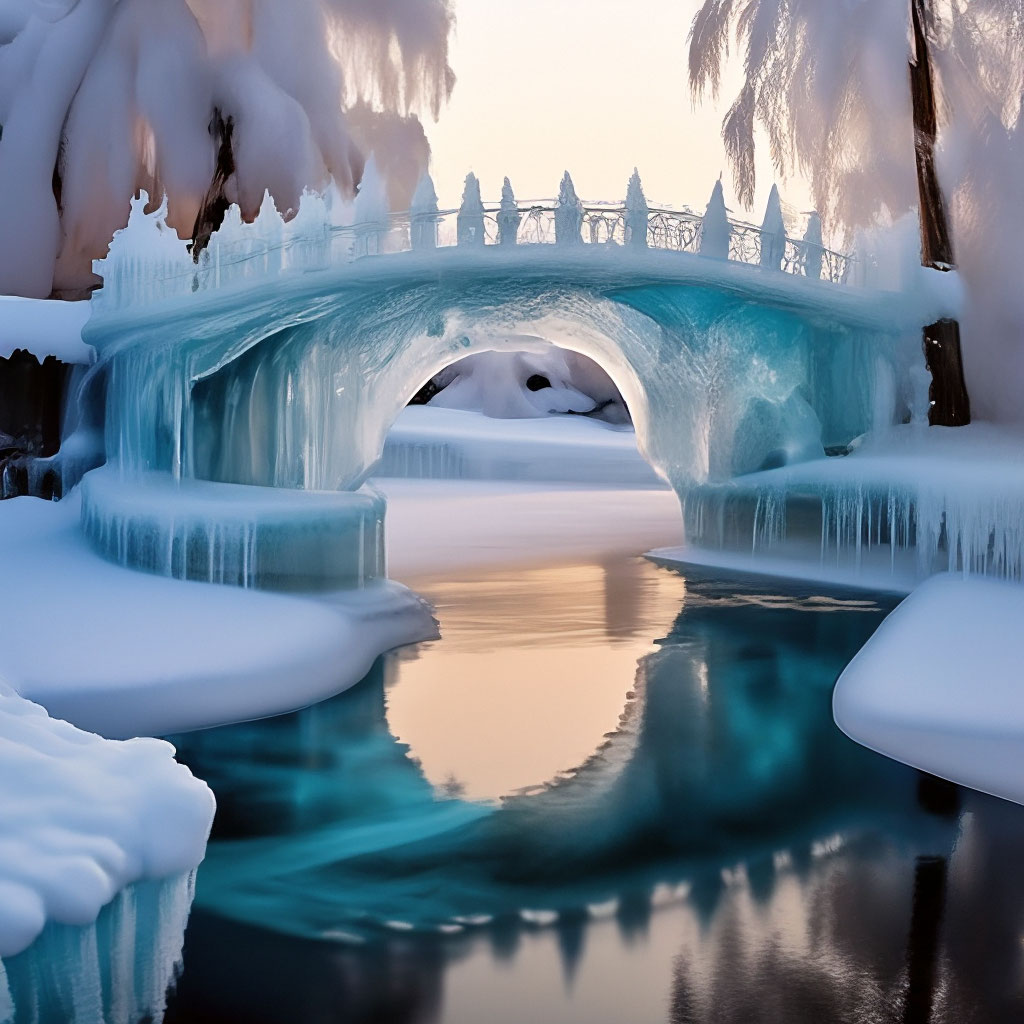 "Two rivers, ice, ice fairy carved bridge," — image created in Shedevrum