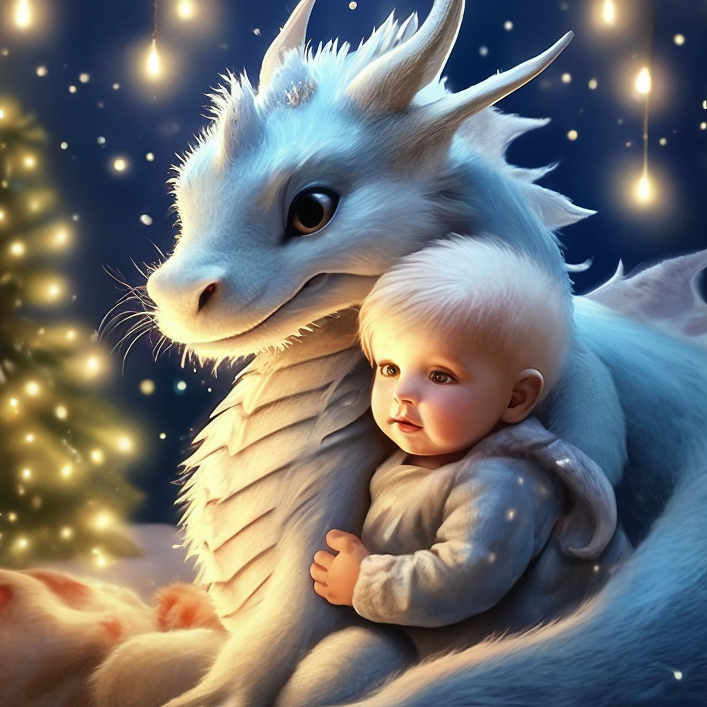 "Cute magical fluffy fur dragon hugs baby boy, Christmas tree, garlands ...