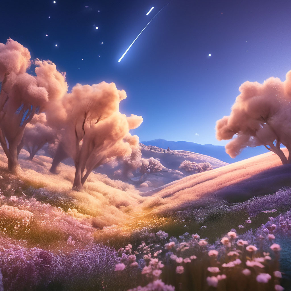 "Realistic hilly grove of pastel trees surrounded by dried flowers ...