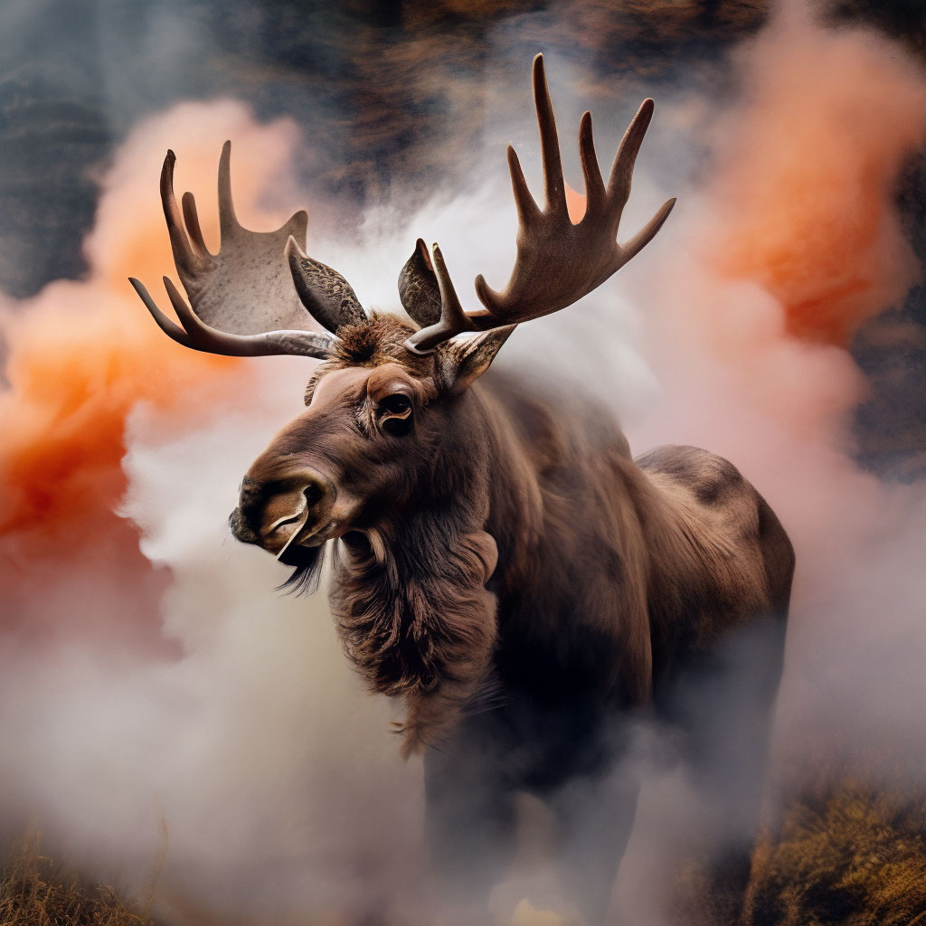 "Curly bearded moose in clouds of smoke" — image created in Shedevrum