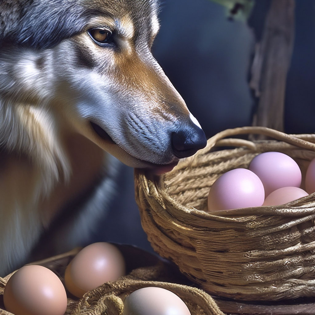 "The wolf catches the egg in the basket" — image created in Shedevrum