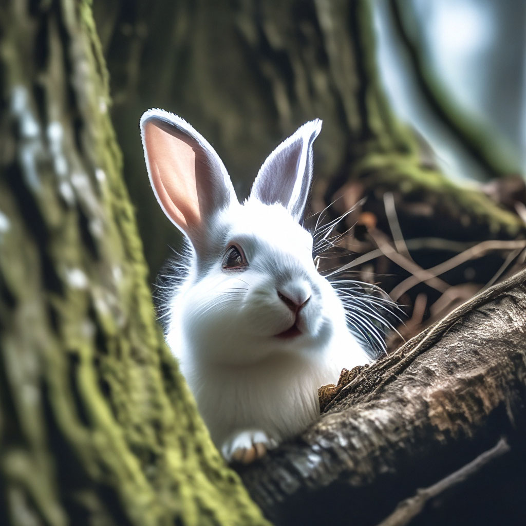 "In the forest, a cute fluffy animal white rabbit looks out from behind ...