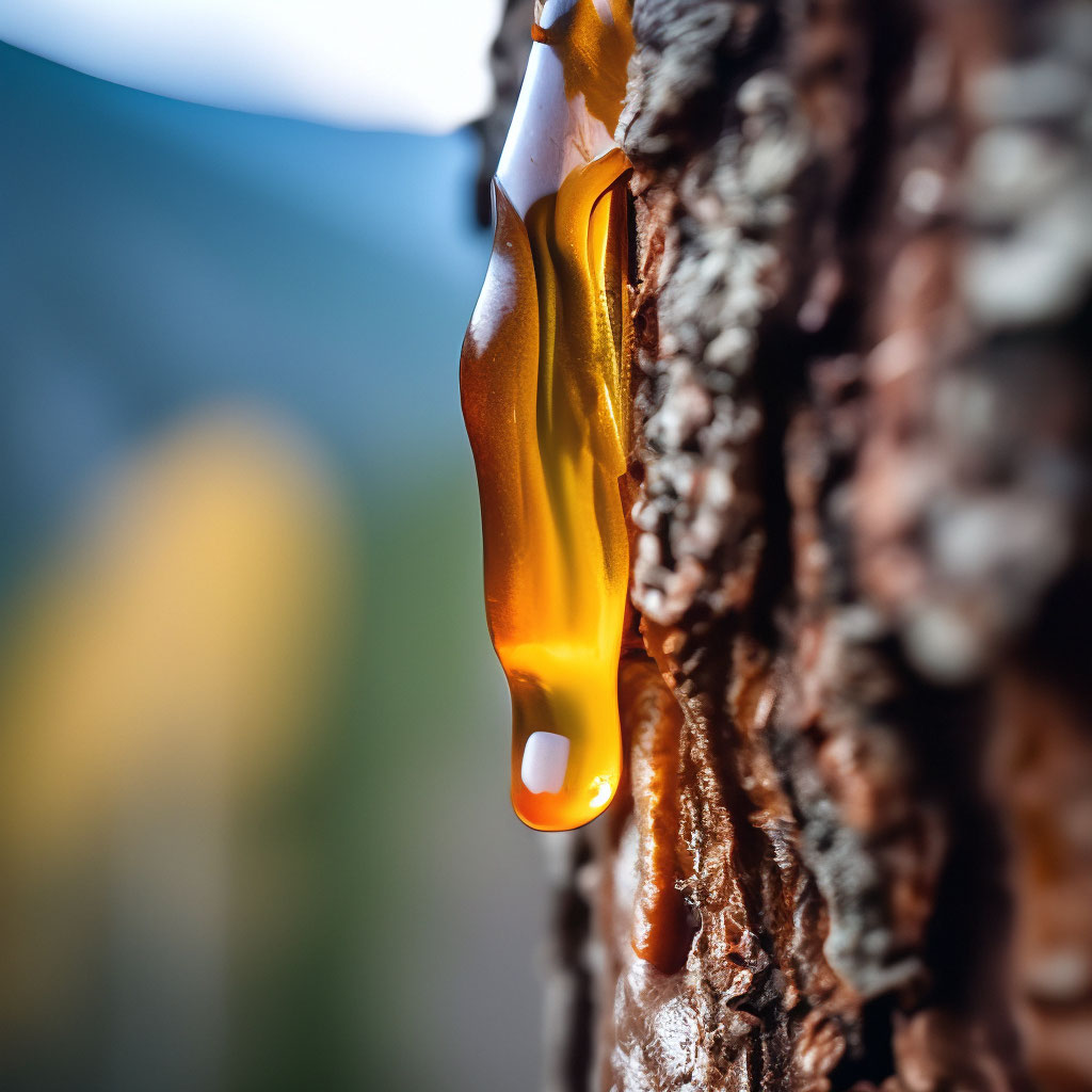 "Resin protruding from wounds on the bark of a tree in the mountains ...