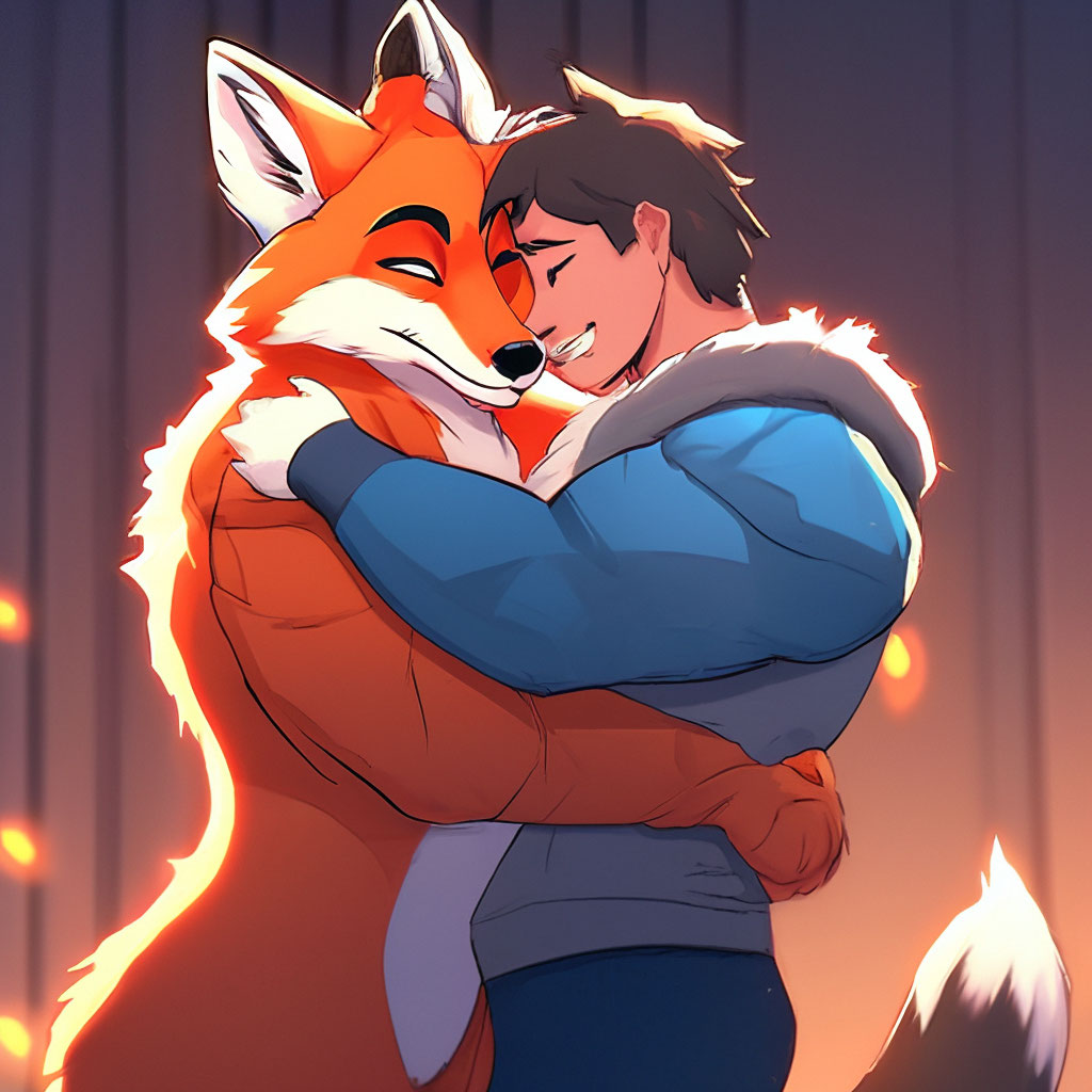 "A fox hugs a man ,hugs from a fox furry , with outstanding body shapes ...