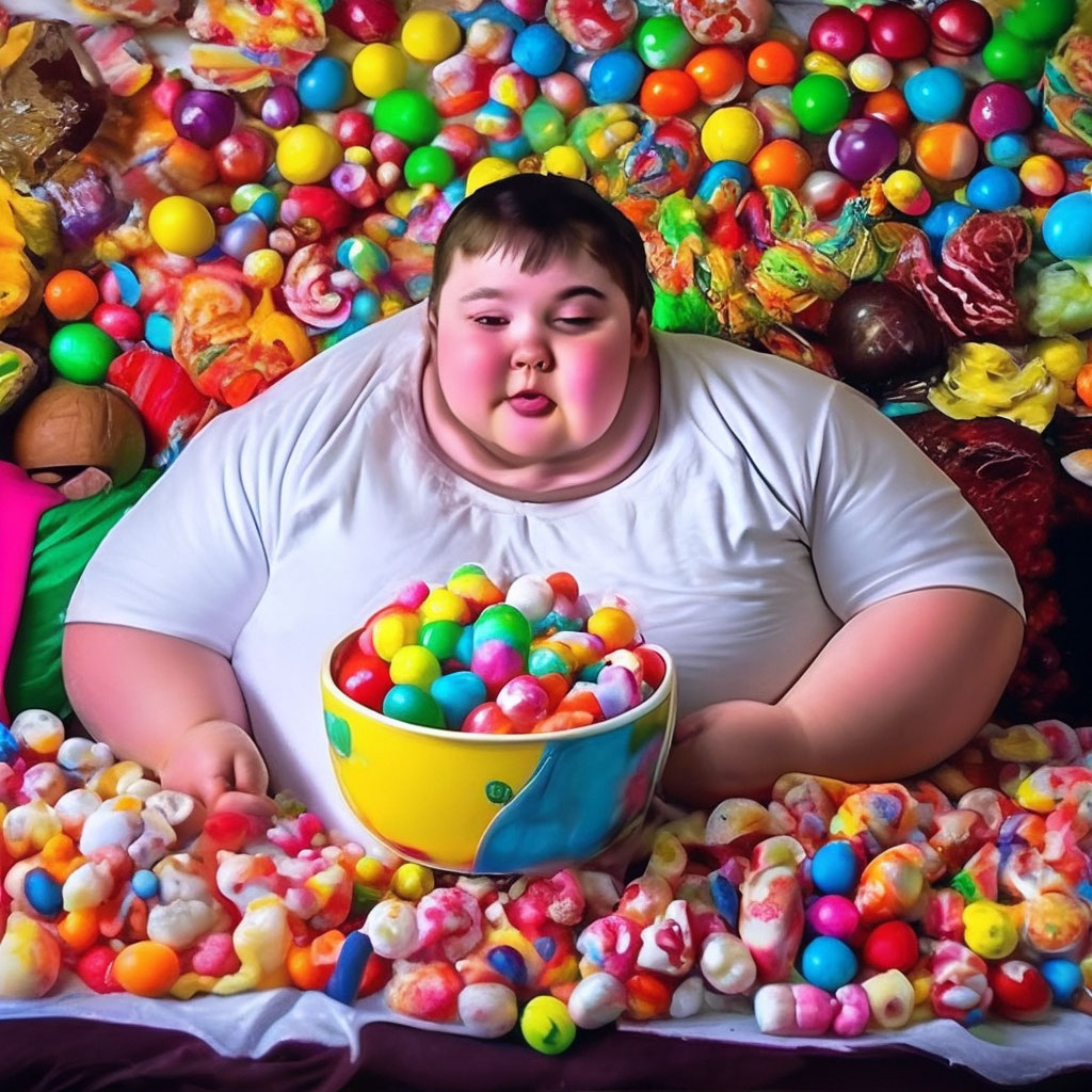 "Fat boy eats a lot a lot of candy" — image created in Shedevrum