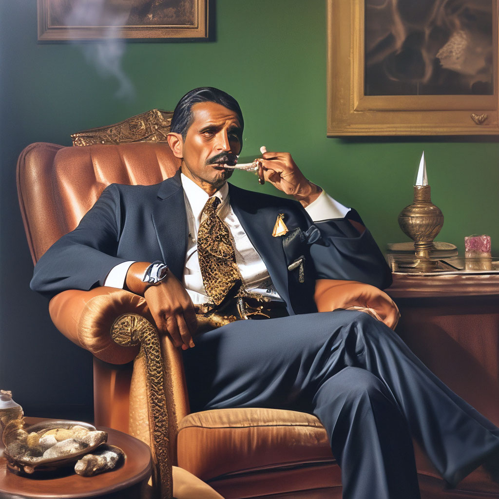 "A mafia man smokes a Cuban cigar sits in an armchair with a gold watch ...