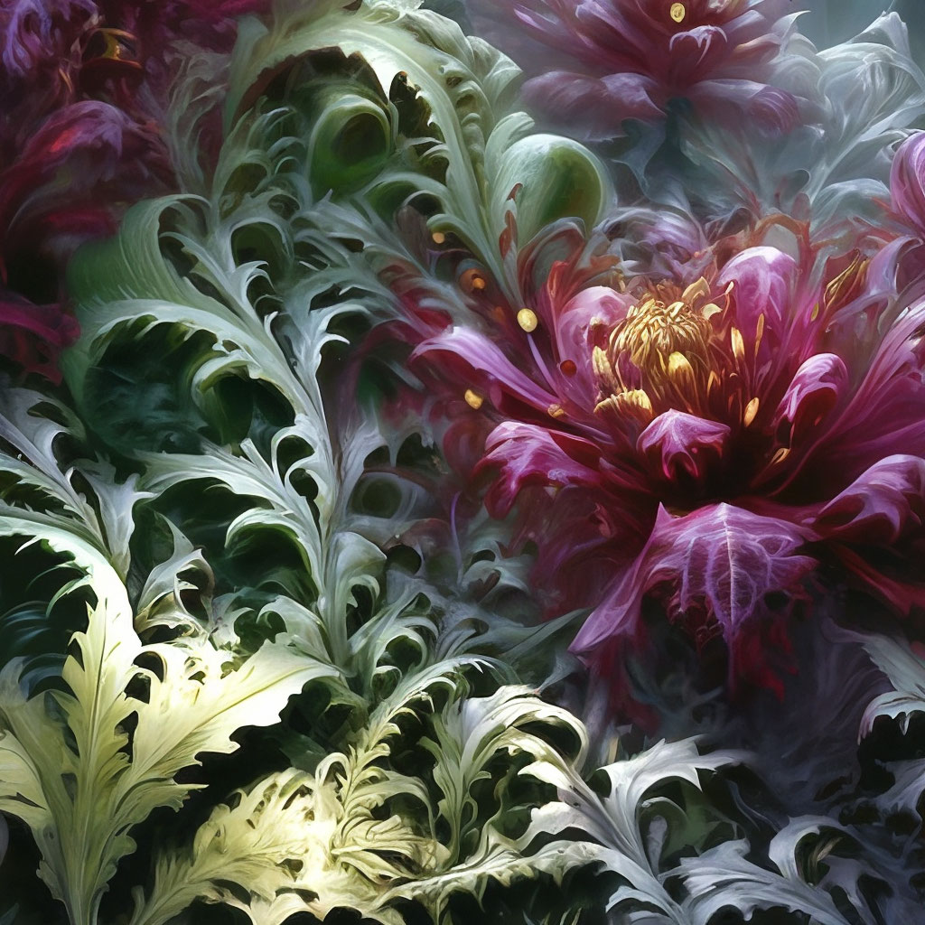 "Grape leaves, fern, fractal maze of fantastic burgundy flowers, silver ...