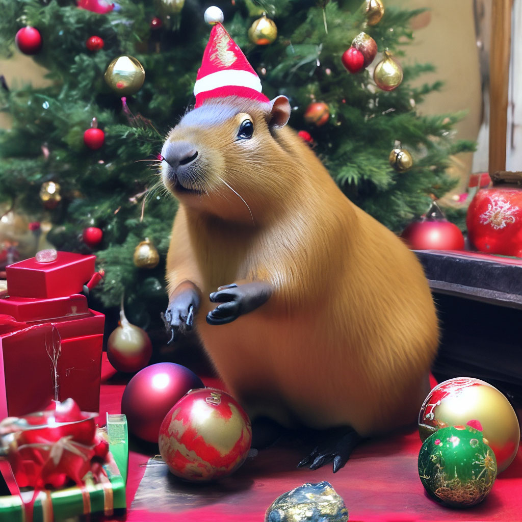 "Capybara decorates the Christmas tree" — image created in Shedevrum