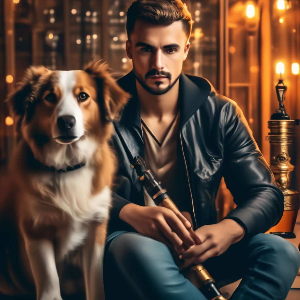 "A handsome guy smokes a hookah, his dog is sitting next to him ...