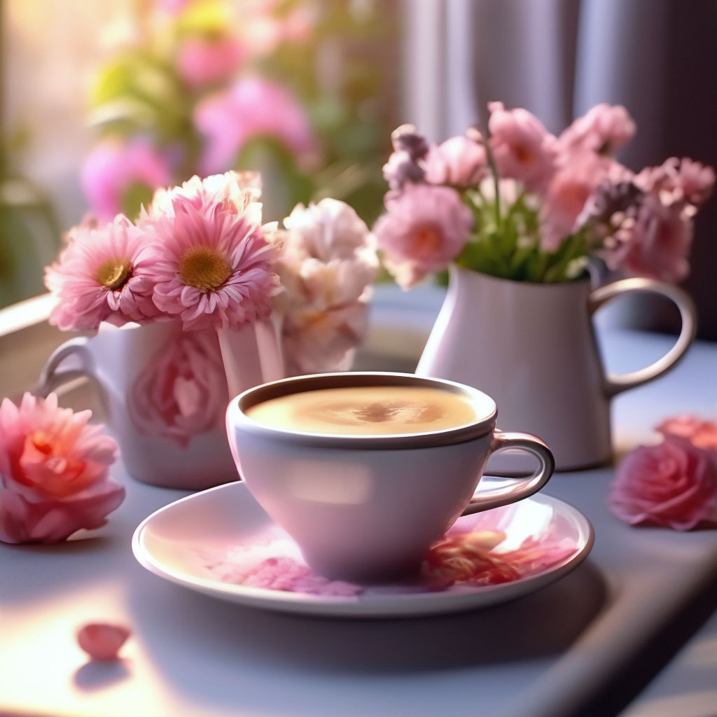 "Good morning!☀️☕ good positive morning, flowers, a cup of fragrant ...