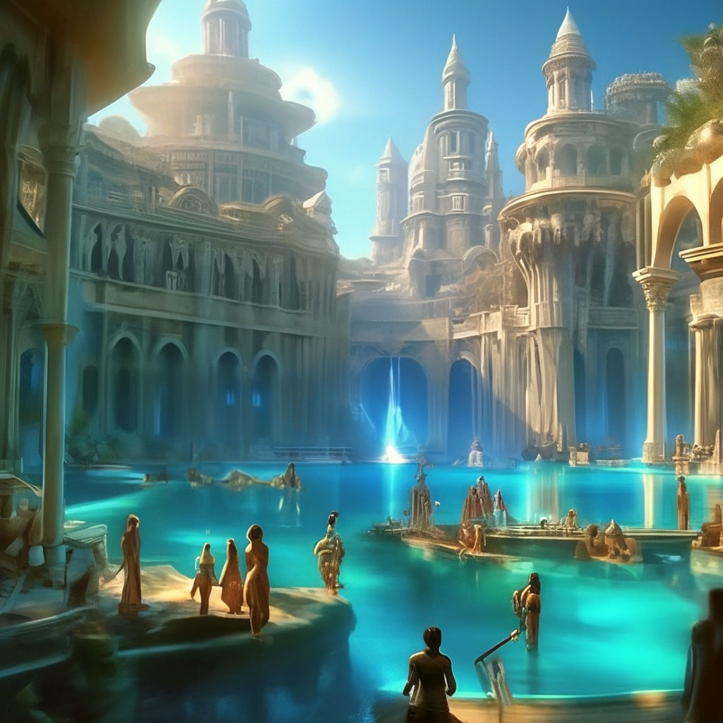 "Fabulous Atlantis and its inhabitants, high detail, rich colors ...