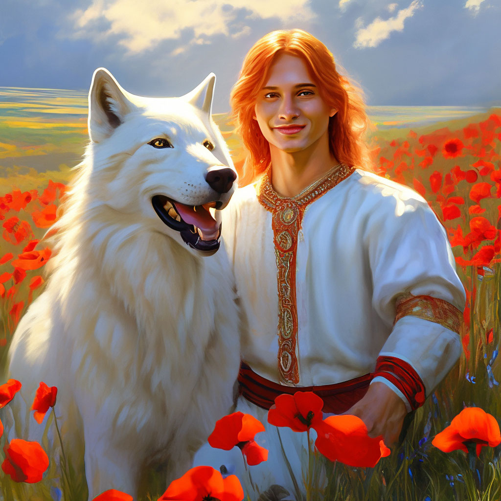 "Slavic mythology. Yarilo. A blond young man with a white wolf and a ...
